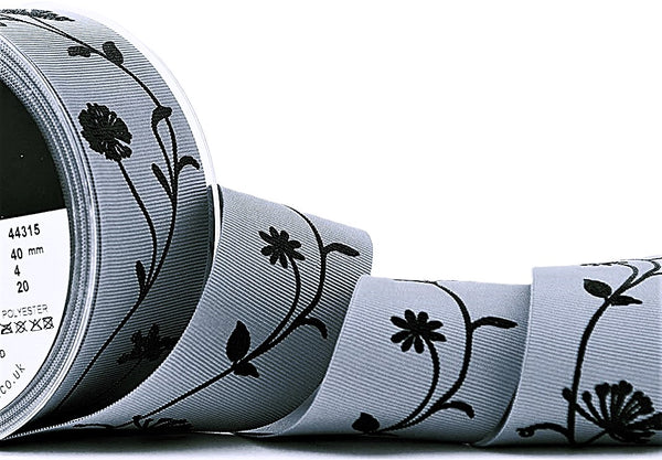 R1541 40mm Bluey Grey Grosgrain Ribbon, Black Flowery Print,Berisfords ...