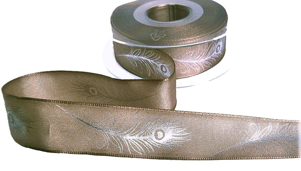 25mm Wired Metallic Feather Print Ribbon | Berisfords | Beige-Silver ...