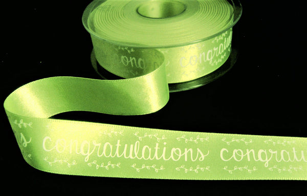 R7862 25mm Pale Lime Green Congratulations Print Satin Ribbon, Berisfo ...