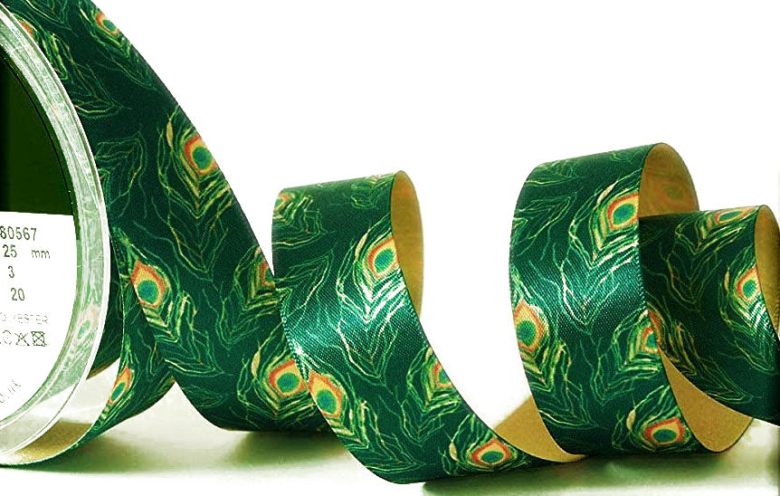 R9534 25mm Green Peacock Feather Satin Ribbon by Berisfords – Ribbonmoon