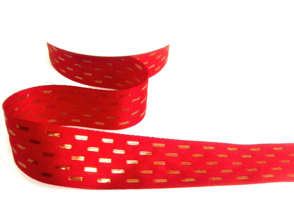 R9814 25mm Red-Metallic Gold Shimmer Stitch Ribbon by Berisfords ...