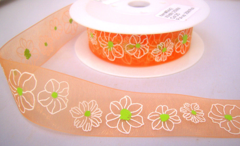 R7893 27mm Apricot Sheer Ribbon with a White & Lime Green Flower Desig ...