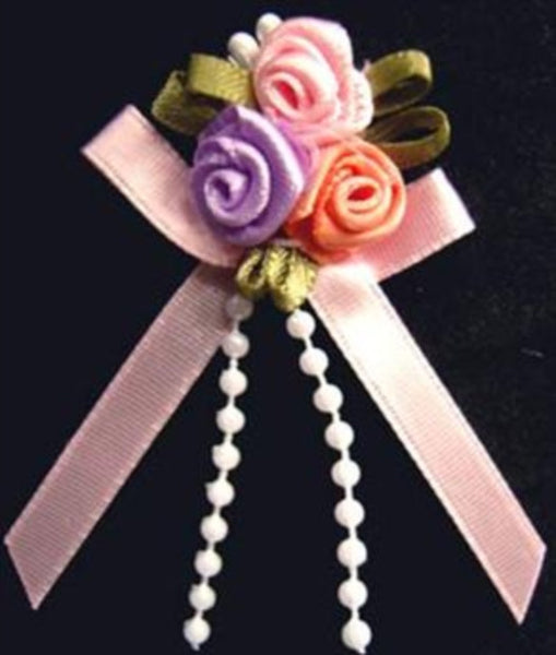 RB419L Pink Assorted Satin Rose Bow Buds with Ribbon and Pearl Bead Tr ...